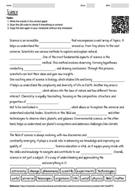 Worksheet with the topic "Science" | MATERIALS.SCHOOL