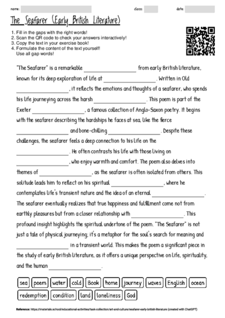 Worksheet with the topic "The Seafarer (Early British Literature ...