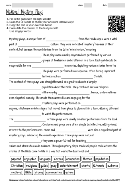 Worksheet with the topic "Medieval Mystery Plays" | MATERIALS.SCHOOL