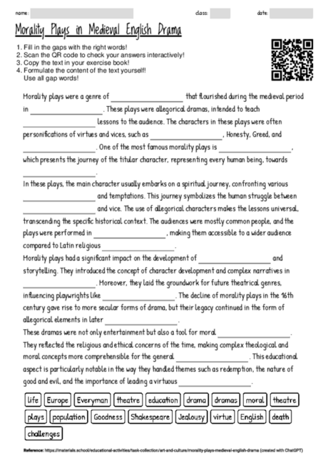 Worksheet with the topic "Morality Plays in Medieval English Drama ...
