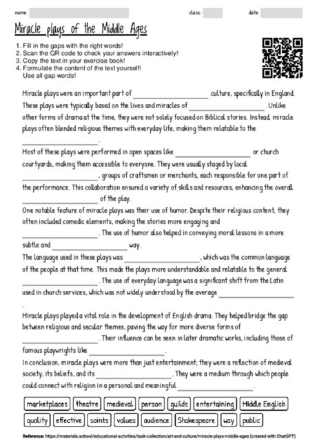 Worksheet with the topic "Miracle plays of the Middle Ages" | MATERIALS ...