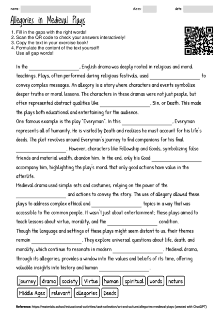 Worksheet with the topic "Allegories in Medieval Plays" | MATERIALS.SCHOOL