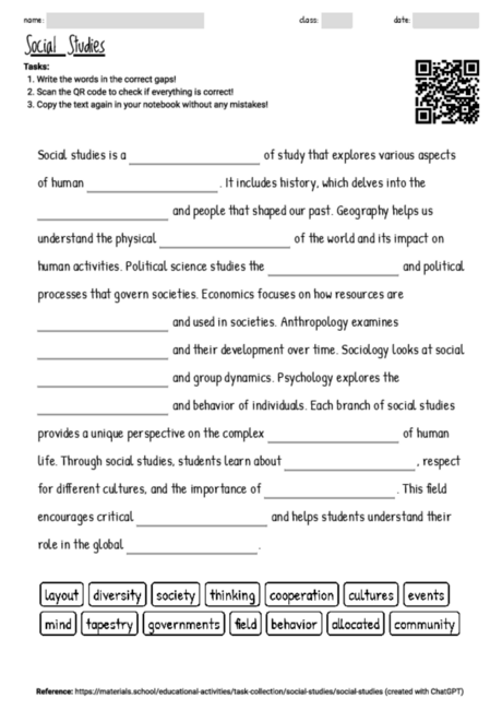 Worksheet with the topic " Social Studies" | MATERIALS.SCHOOL