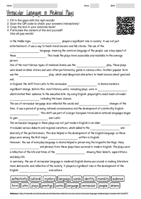 Worksheet with the topic "Vernacular Language in Medieval Plays ...
