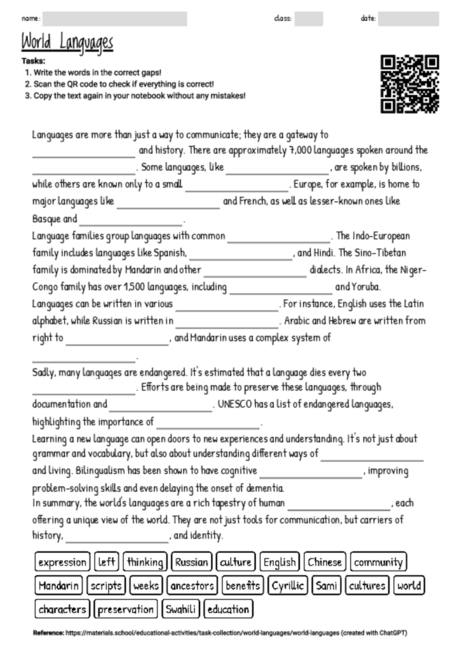 Worksheet with the topic "World Languages" | MATERIALS.SCHOOL