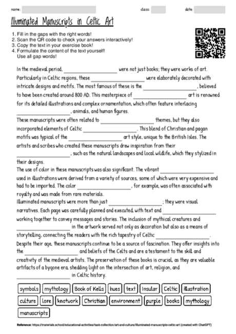 Worksheet with the topic "Illuminated Manuscripts in Celtic Art ...
