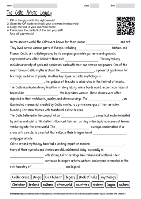 Worksheet with the topic "The Celtic Artistic Legacy" | MATERIALS.SCHOOL