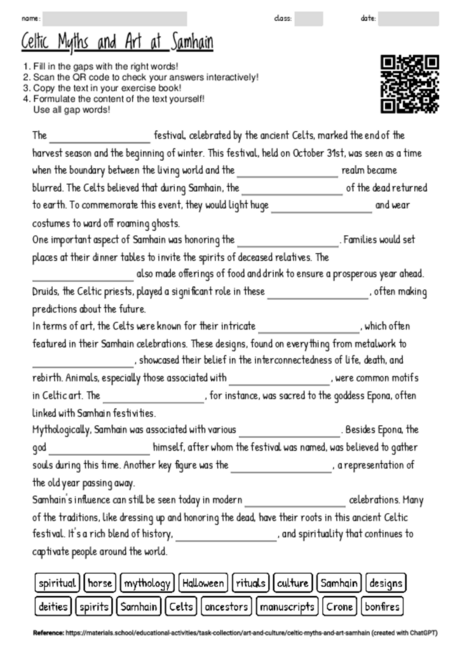 Worksheet with the topic "Celtic Myths and Art at Samhain" | MATERIALS ...