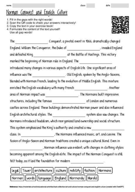 Worksheet with the topic "Norman Conquest and English Culture ...