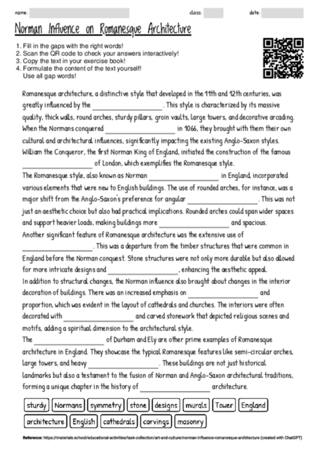 Worksheet with the topic "Norman Influence on Romanesque Architecture ...