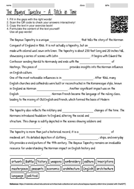 Worksheet with the topic "The Bayeux Tapestry - A Stitch in Time ...
