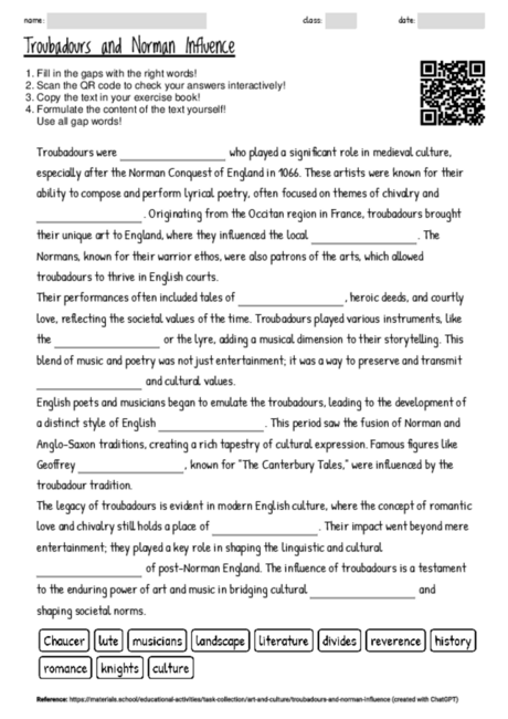 Worksheet with the topic "Troubadours and Norman Influence" | MATERIALS ...