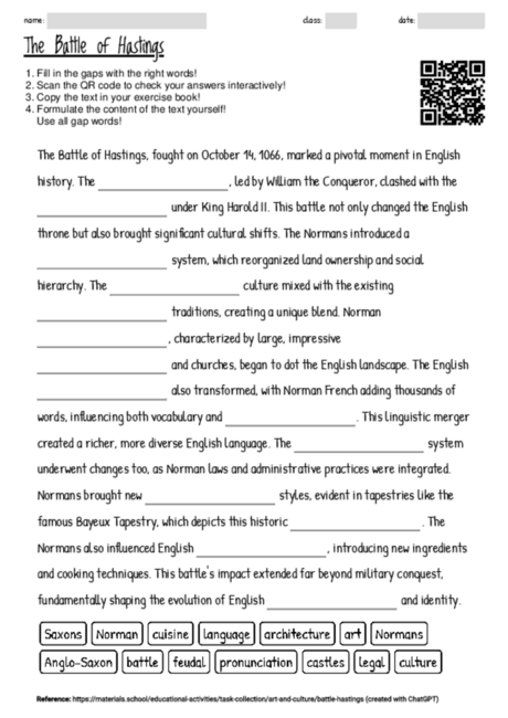Worksheet with the topic "The Battle of Hastings" | MATERIALS.SCHOOL