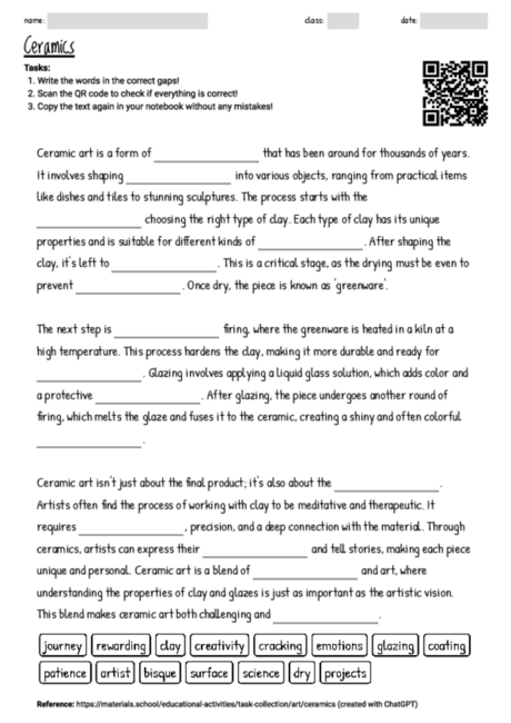 Worksheet with the topic "Ceramics" | MATERIALS.SCHOOL