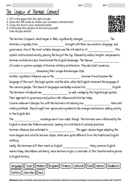 Worksheet with the topic "The Legacy of Norman Conquest" | MATERIALS.SCHOOL