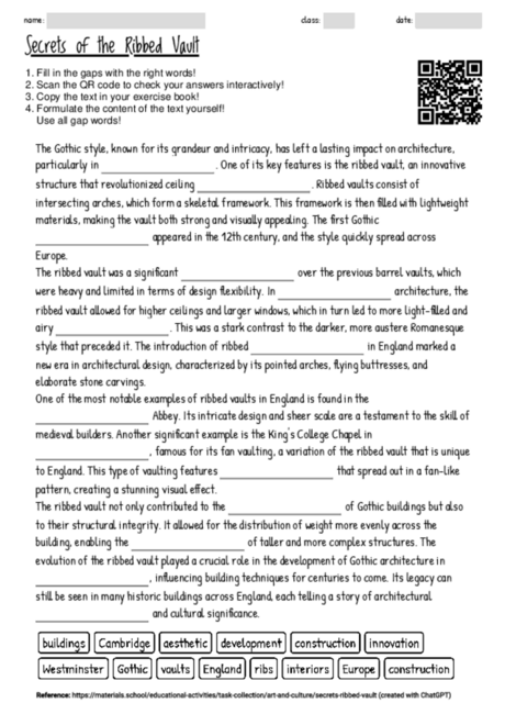 Worksheet with the topic "Secrets of the Ribbed Vault" | MATERIALS.SCHOOL