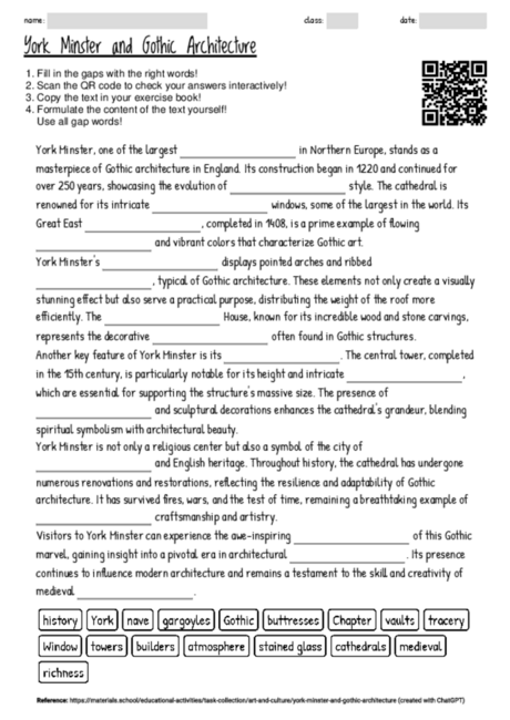 Worksheet with the topic "York Minster and Gothic Architecture ...