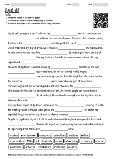 Worksheet with the topic "Digital Art" | MATERIALS.SCHOOL