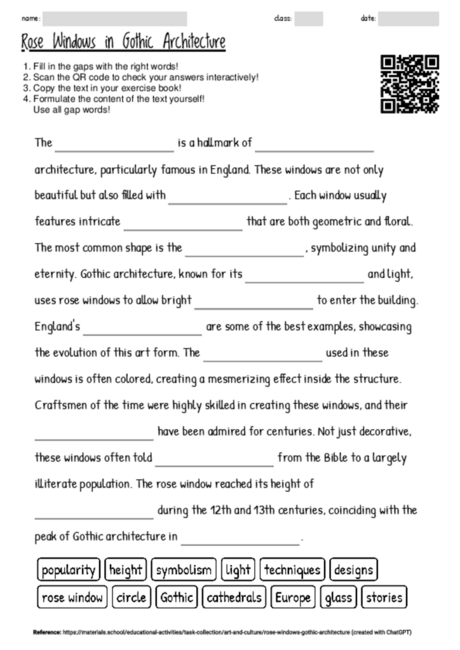 Worksheet with the topic "Rose Windows in Gothic Architecture ...