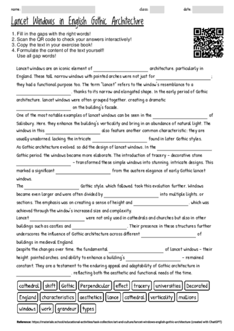 Worksheet with the topic "Lancet Windows in English Gothic Architecture ...