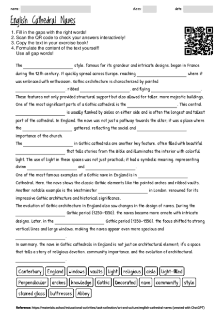 Worksheet with the topic "English Cathedral Naves" | MATERIALS.SCHOOL