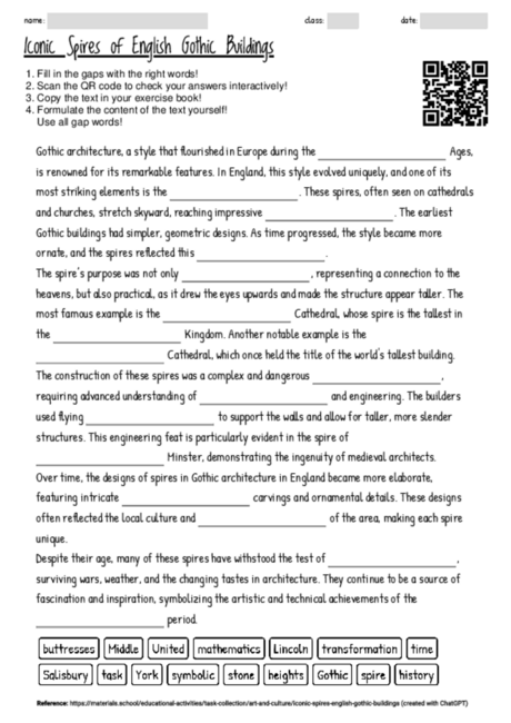 Worksheet with the topic "Iconic Spires of English Gothic Buildings ...