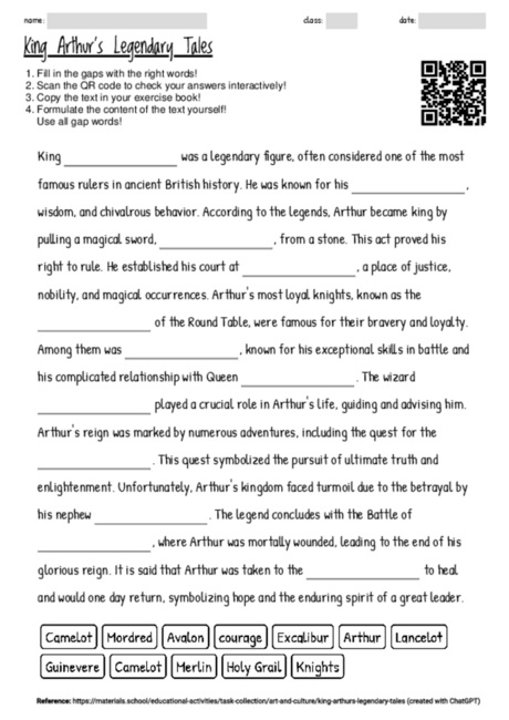 Worksheet with the topic "King Arthur's Legendary Tales" | MATERIALS.SCHOOL