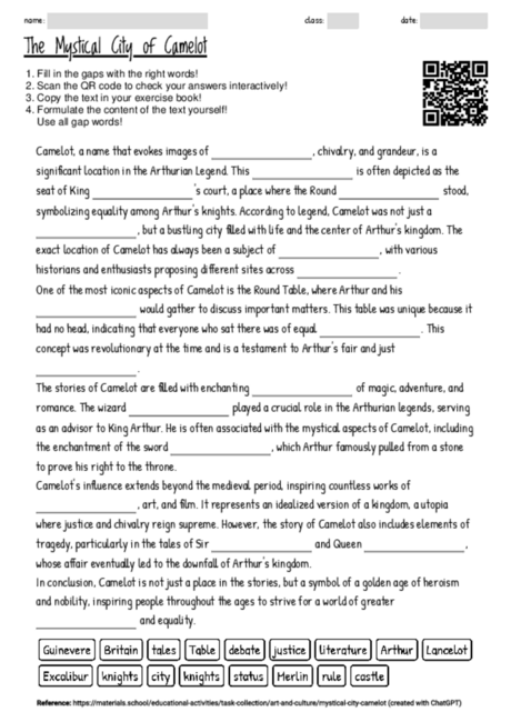 Worksheet with the topic "The Mystical City of Camelot" | MATERIALS.SCHOOL