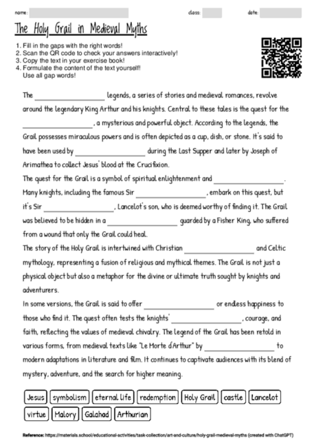 Worksheet with the topic "The Holy Grail in Medieval Myths" | MATERIALS ...
