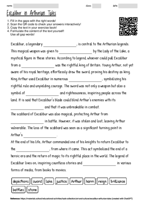 Worksheet with the topic "Excalibur in Arthurian Tales" | MATERIALS.SCHOOL