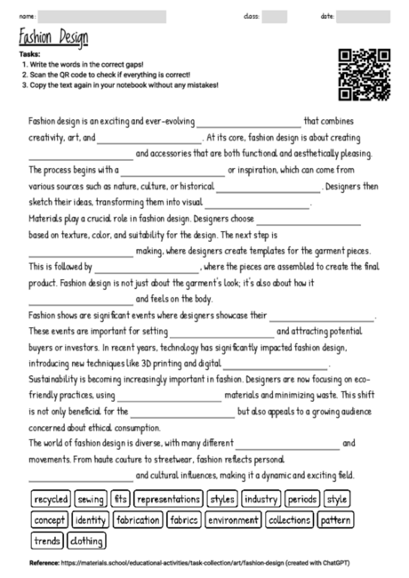 Worksheet with the topic "Fashion Design" | MATERIALS.SCHOOL