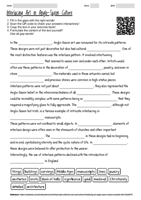 Worksheet with the topic "Interlacing Art in Anglo-Saxon Culture ...