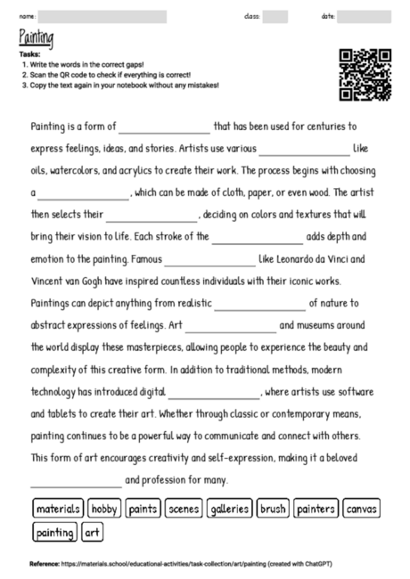 Worksheet with the topic " Painting" | MATERIALS.SCHOOL