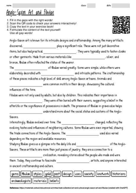 Worksheet with the topic "Anglo-Saxon Art and Fibulae" | MATERIALS.SCHOOL