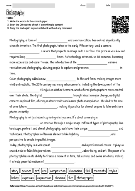 Worksheet with the topic "Photography" | MATERIALS.SCHOOL
