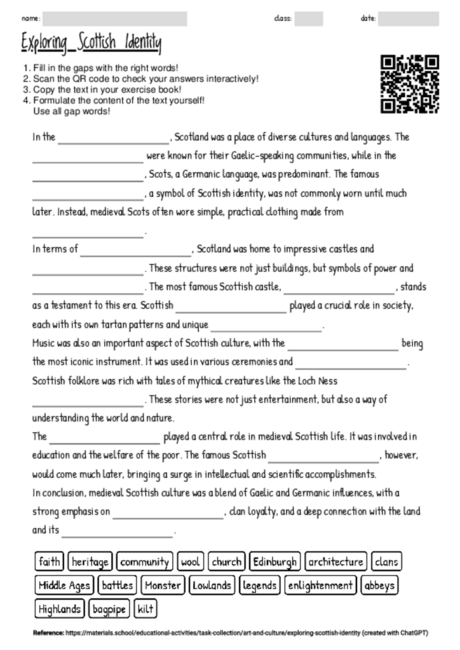 Worksheet with the topic "Exploring Scottish Identity" | MATERIALS.SCHOOL