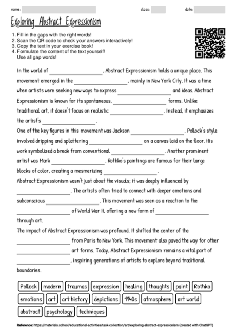 Worksheet with the topic "Exploring Abstract Expressionism" | MATERIALS ...