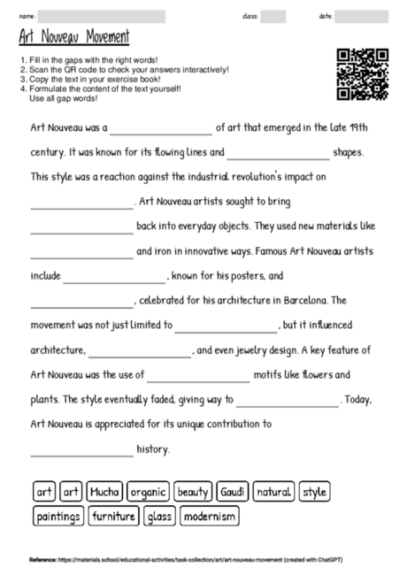 Worksheet with the topic "Art Nouveau Movement" | MATERIALS.SCHOOL