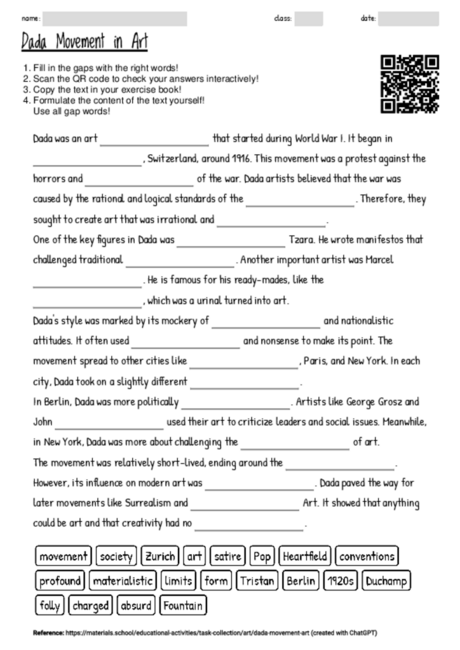 Worksheet with the topic "Dada Movement in Art" | MATERIALS.SCHOOL