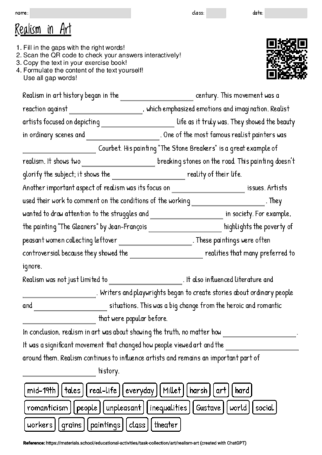 Worksheet with the topic "Realism in Art" | MATERIALS.SCHOOL
