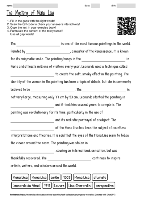 Worksheet with the topic "The Mystery of Mona Lisa" | MATERIALS.SCHOOL