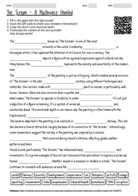 Worksheet with the topic "The Scream - A Masterpiece Unveiled ...