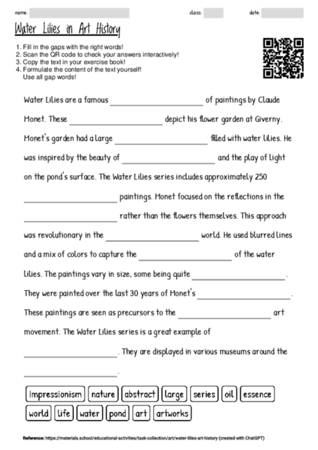 Worksheet with the topic "Water Lilies in Art History" | MATERIALS.SCHOOL