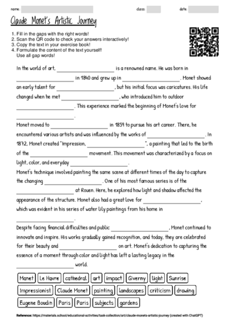 Worksheet with the topic "Claude Monet's Artistic Journey" | MATERIALS ...
