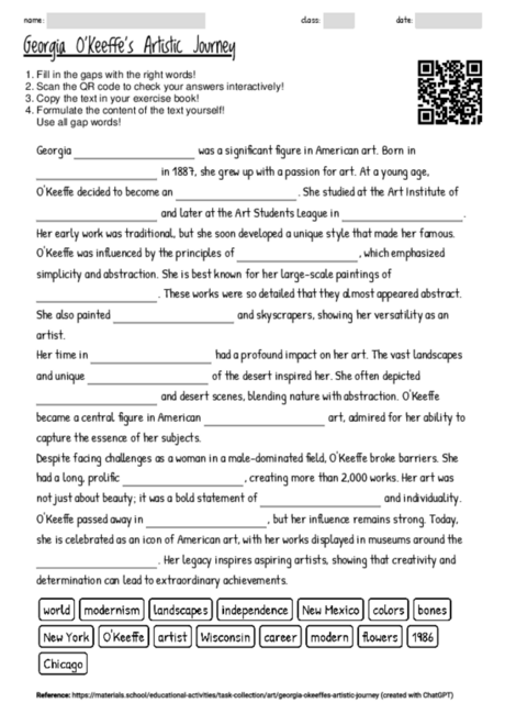 Worksheet with the topic "Georgia O'Keeffe's Artistic Journey ...