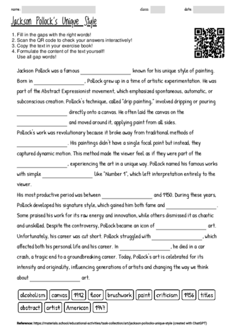 Worksheet with the topic "Jackson Pollock's Unique Style" | MATERIALS ...