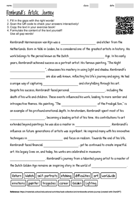 Worksheet with the topic "Rembrandt's Artistic Journey" | MATERIALS.SCHOOL