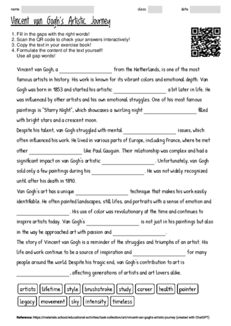 Worksheet with the topic "Vincent van Gogh's Artistic Journey ...