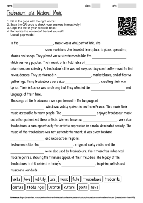 Worksheet with the topic "Troubadours and Medieval Music" | MATERIALS ...