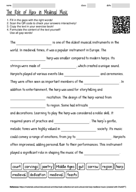 Worksheet with the topic "The Role of Harp in Medieval Music ...